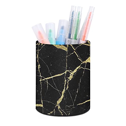 Gold and Black Marble Texture Pen Holder PU Leather Pencil Cup Cute Desk Organizer Makeup Brush Box for Home Office