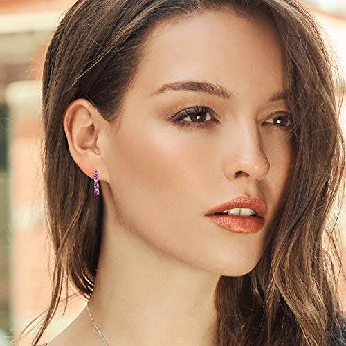 Gem Stone King 925 Sterling Silver Pink Created Sapphire and White Topaz Hoop Earrings For Women (4.24 Cttw, Oval 6X4MM)