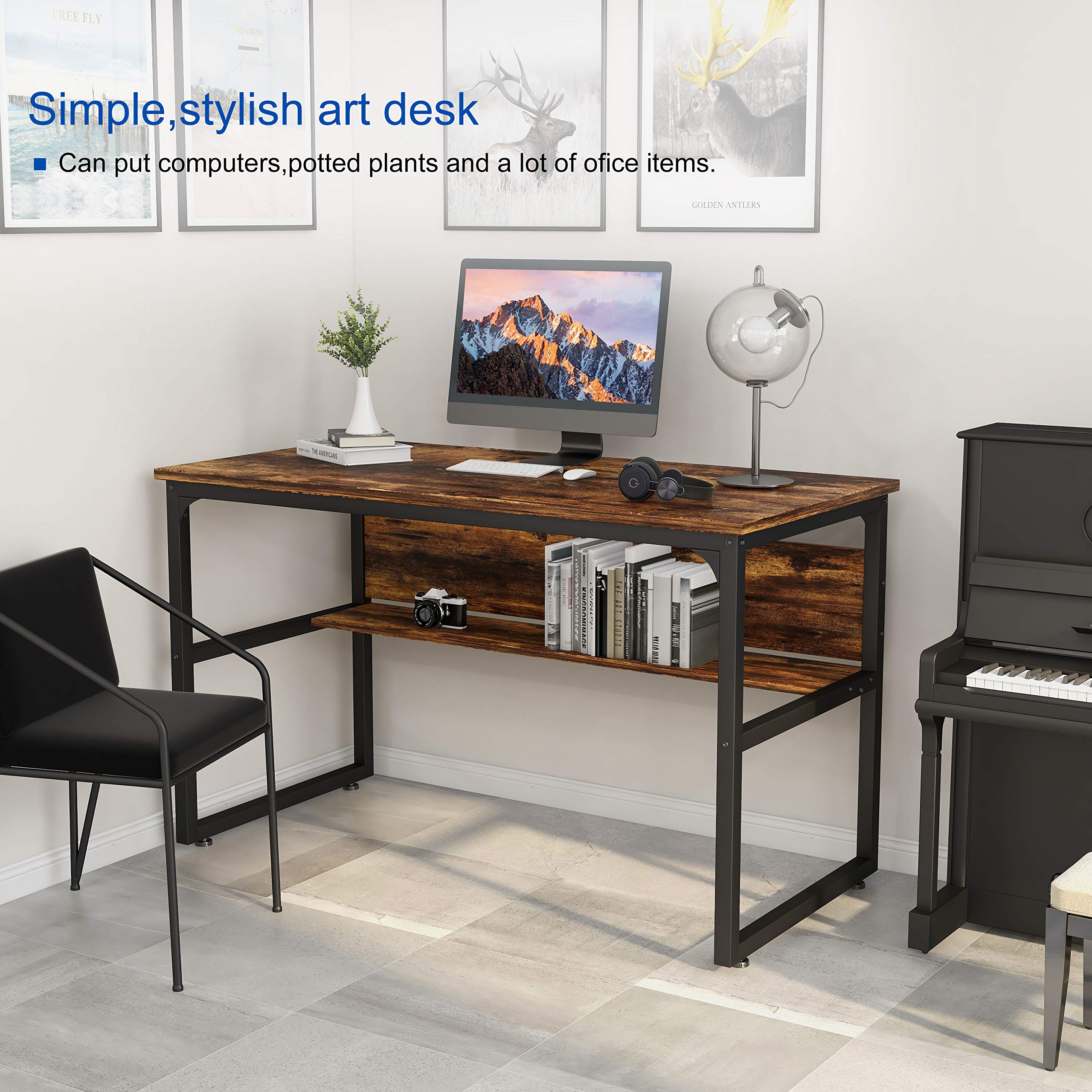 Hanamichi Computer Desk, 55" Computer Table with Bookshelf, Large Space, MDF Durable Board, Environmental Paint, Stable Design for Home Office (Vintage Brown)