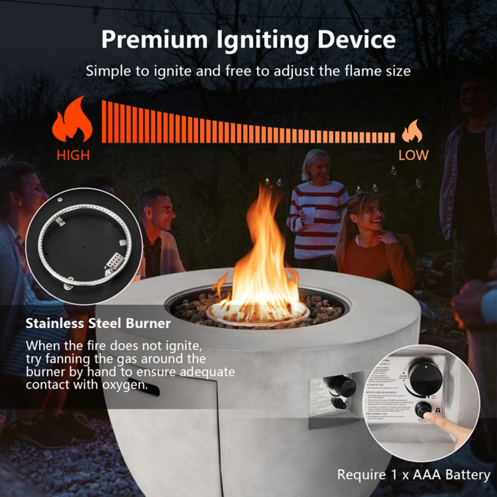 Gas FirePit Table 36 Inch Propane Fire Pit Table 50,000 BTU, Round Concrete Propane Fire Pit Table with Lava Rocks