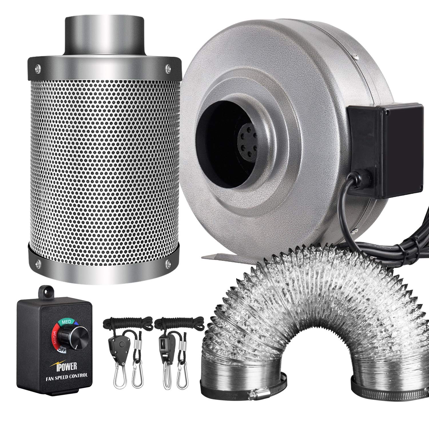 iPower GLFANXINL4FILT4MD8CTR 4 Inch 190 CFM Inline Fan Carbon Filter 8 Feet Ducting Combo with Variable Speed Controller and Rope Hanger for Grow Tent Ventilation, 4" Fan & Filter, Grey