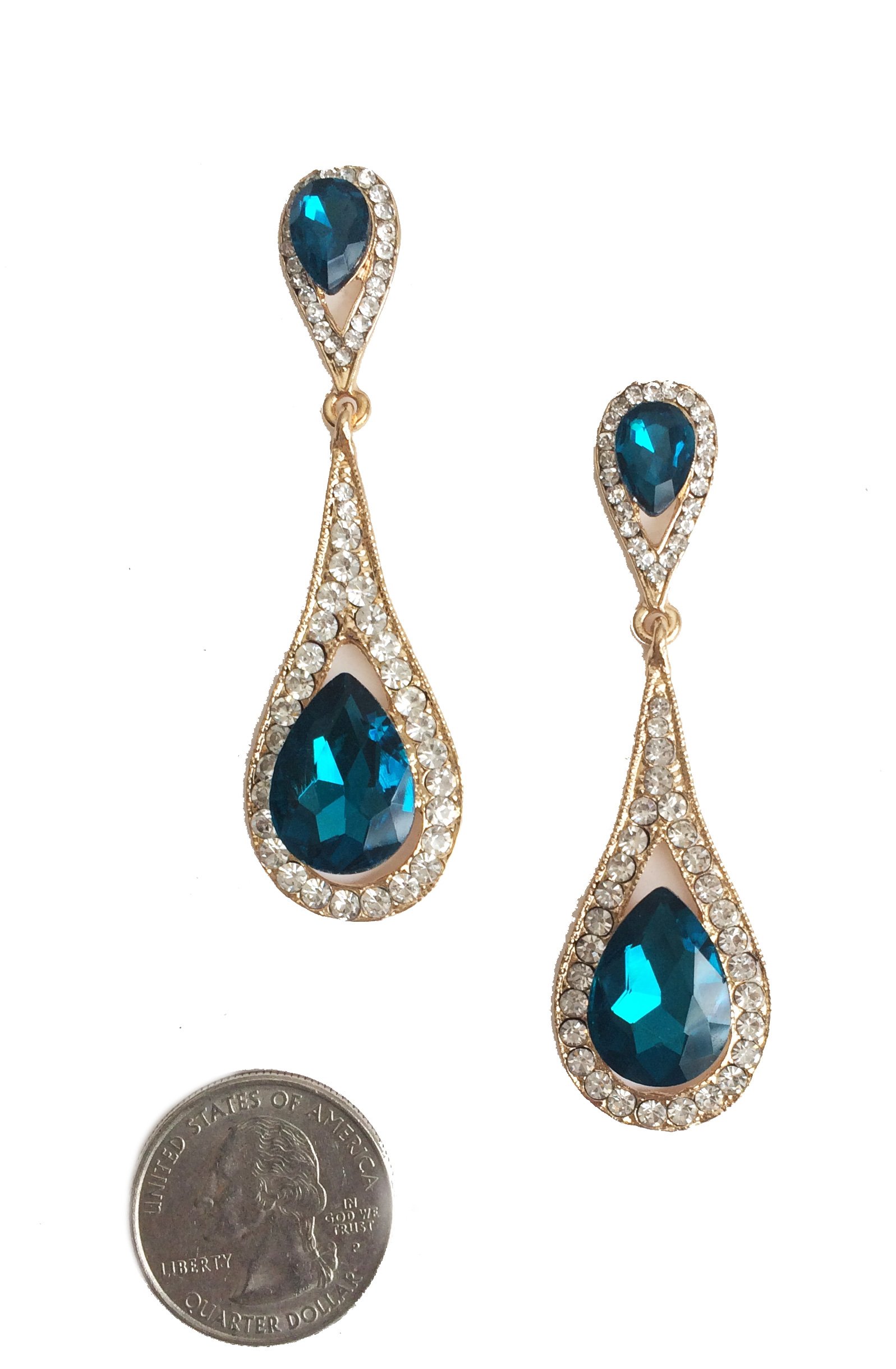 Gold Tone Antique Vintage Retro Deco Gatsby Flapper Style Peacock Aqua Blue Zircon Rhinestone Pear Dangle Earrings