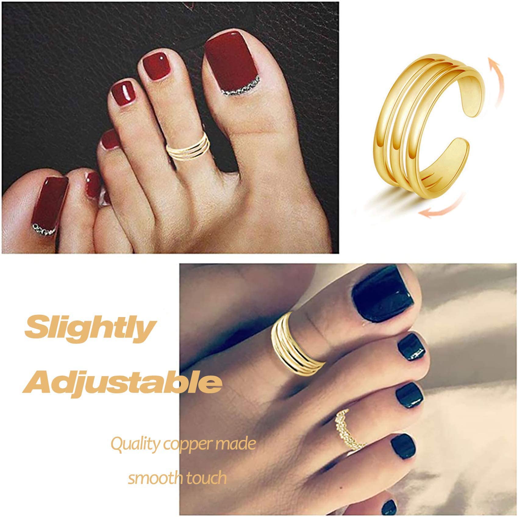 Honsny 12PCS 14K Gold/Silver Plated Toe Rings for Women Adjustable Band Rings Open Flower CZ Toe Ring Set Beach Foot Jewelry
