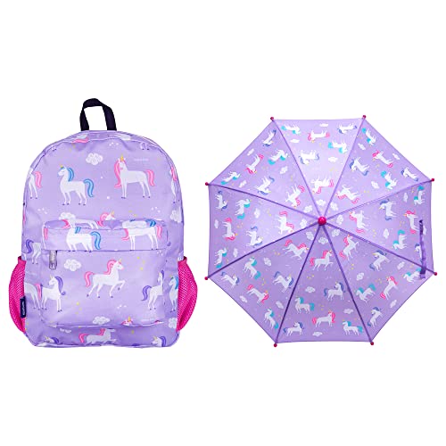 Wildkin Kids 16 Inch Backpack and Umbrella Bundle for On-The-Go Comfort (Unicorn)