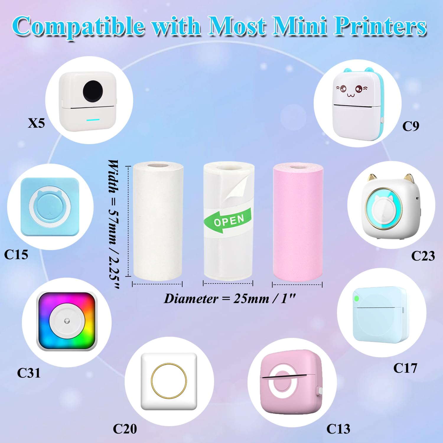 Vicbear 16 Rolls Mini Printer Paper, Including 5 Thermal Sticker Paper Rolls, 6 Colored, and 5 White Plain Paper Rolls for Mini Thermal Printer, 57x25 mm, Compatible with Most Mini Receipt Printers