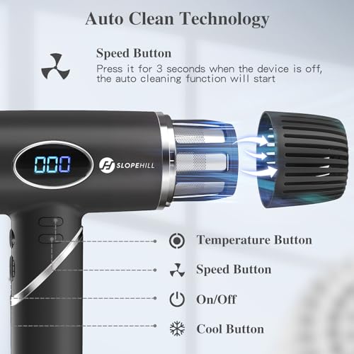 Slopehill Foldable Professional Ionic Hair Dryer, 2000W Portable Blow Dryer with Magnetic Diffuser Attachment for Curly Hair, 110,000 RPM Hair Dryer for Travel Salon, LCD Display/AUTO Clean