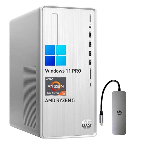 HP Pavilion Desktop, AMD Ryzen 5 5600G, 16GB RAM, 1TB HDD, 512GB SSD, Windows 11 Pro, HDMI, Wi-Fi 5, Bluetooth, USB C, SD Card Reader, Natural Silver, PCM