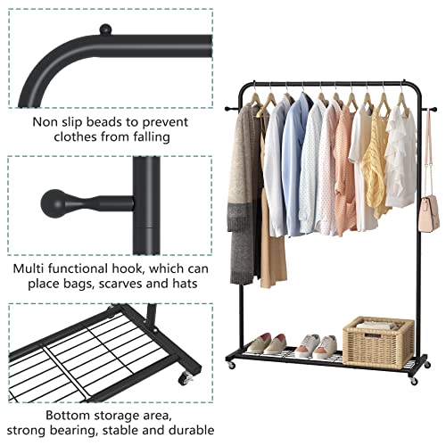 Sywhitta Clothes Rack on wheels, Clothing Rack with Bottom Mesh Storage Shelf,Sturdy Metal Frame,Rolling Garment Rack for Hanging Clothes,Coats,Skirts,39.76" L x 16" W x 64.56" H,Black