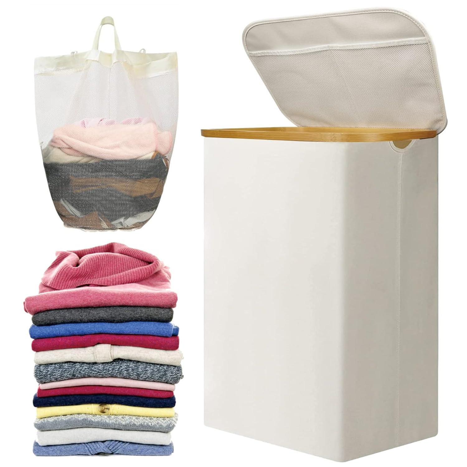 RHBLME 100L Slim Laundry Hamper with Lid, Ultra-Large Capacity Laundry Hamper with Removable Bags and Bamboo Handles, Collapsible Laundry Hamper for Towels, Toys, Clothing, and More