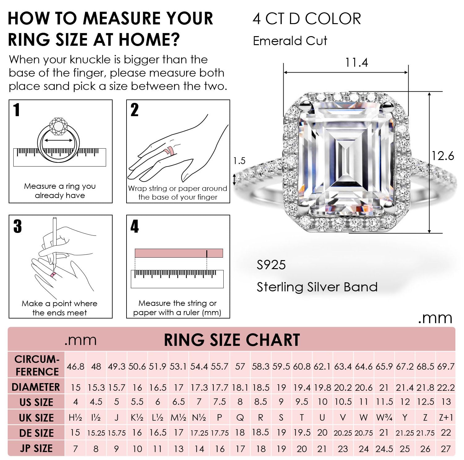 Michooyel S925 4.0ct Emerald Cut Engagement Ring for Women Diamond Halo Promise Ring Cubic Zirconia Sterling Silver Wedding Band Ring for Women