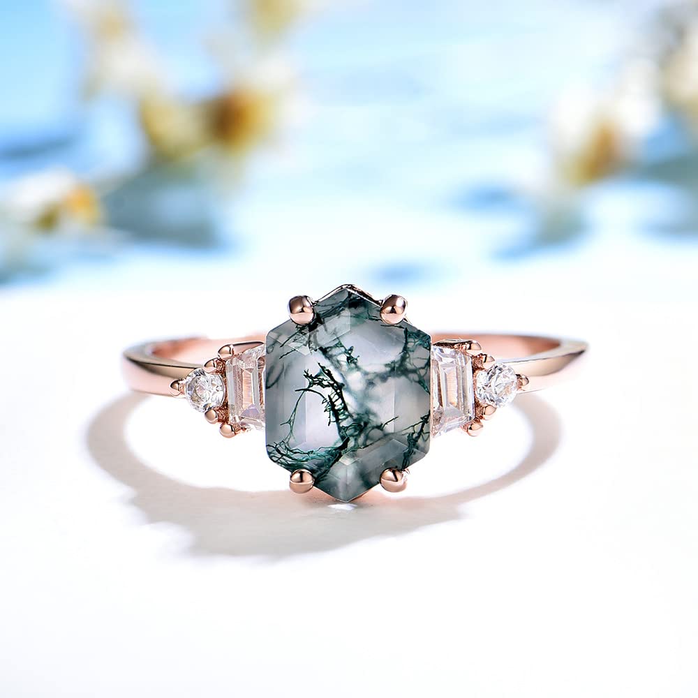 ITI KUOLOLIT Hexagon Natural Moss Agate Gemstone Rings for Women Solid 925 Sterling Silver Ring for Wedding Engagement Jewelry (Moss Agate-Rose, 9)