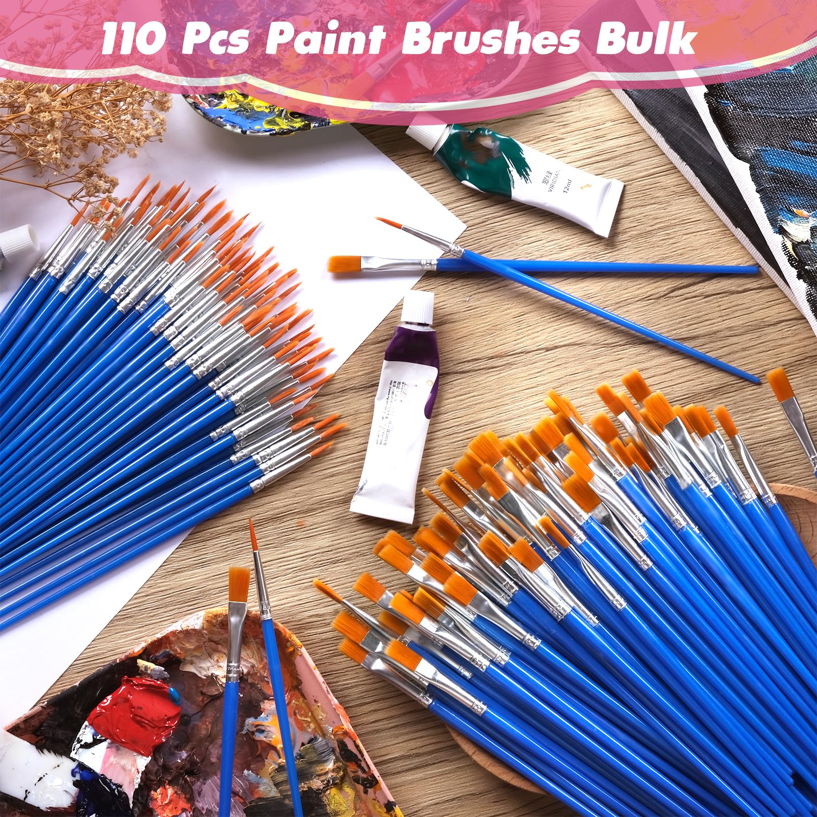 Small Paint Brushes Bulk, 110 Pcs Flat Tip Round Acrylic Paint Brushes for Kids Classroom Acrylic Watercolor Canvas Face Painting Touch Up