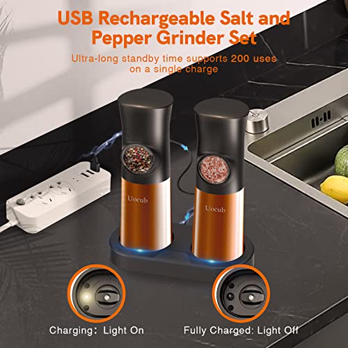 Gravity Electric Salt and Pepper Grinder Set - USB Rechargeable,Automatic Salt Pepper Mill with 5 Adjustable Coarseness, Ceramic Grinder with Bottom Cap, White LED Lights