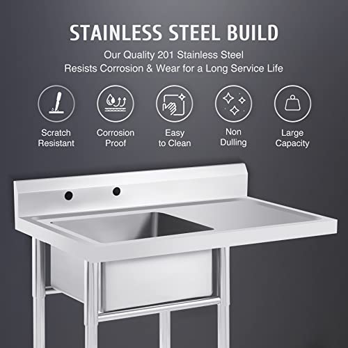 WILPREP Commercial Stainless Steel Utility Sink, Single Compartment Kitchen Sink with Storage Sink Strainer and Splash Guard, Portable Sink with Work Table & Adjustable Feet, 39" W x 24" D