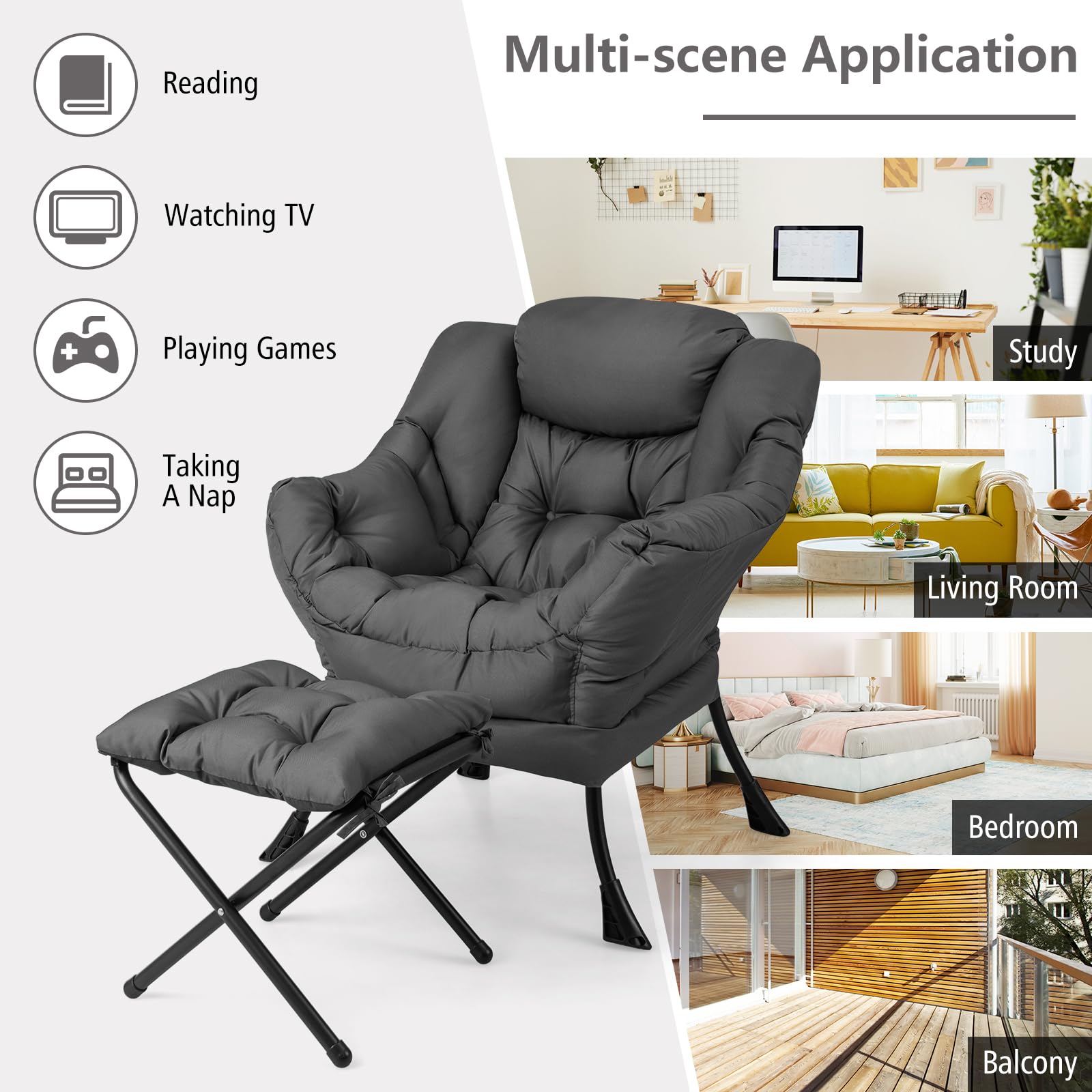 Giantex Lazy Chair with Ottoman, Accent Sofa Chair with Folding Footrest, Side Storage Pocket, Upholstered Leisure Lounge Armchair with Stool for Bedroom, Living Room, Office, Gray