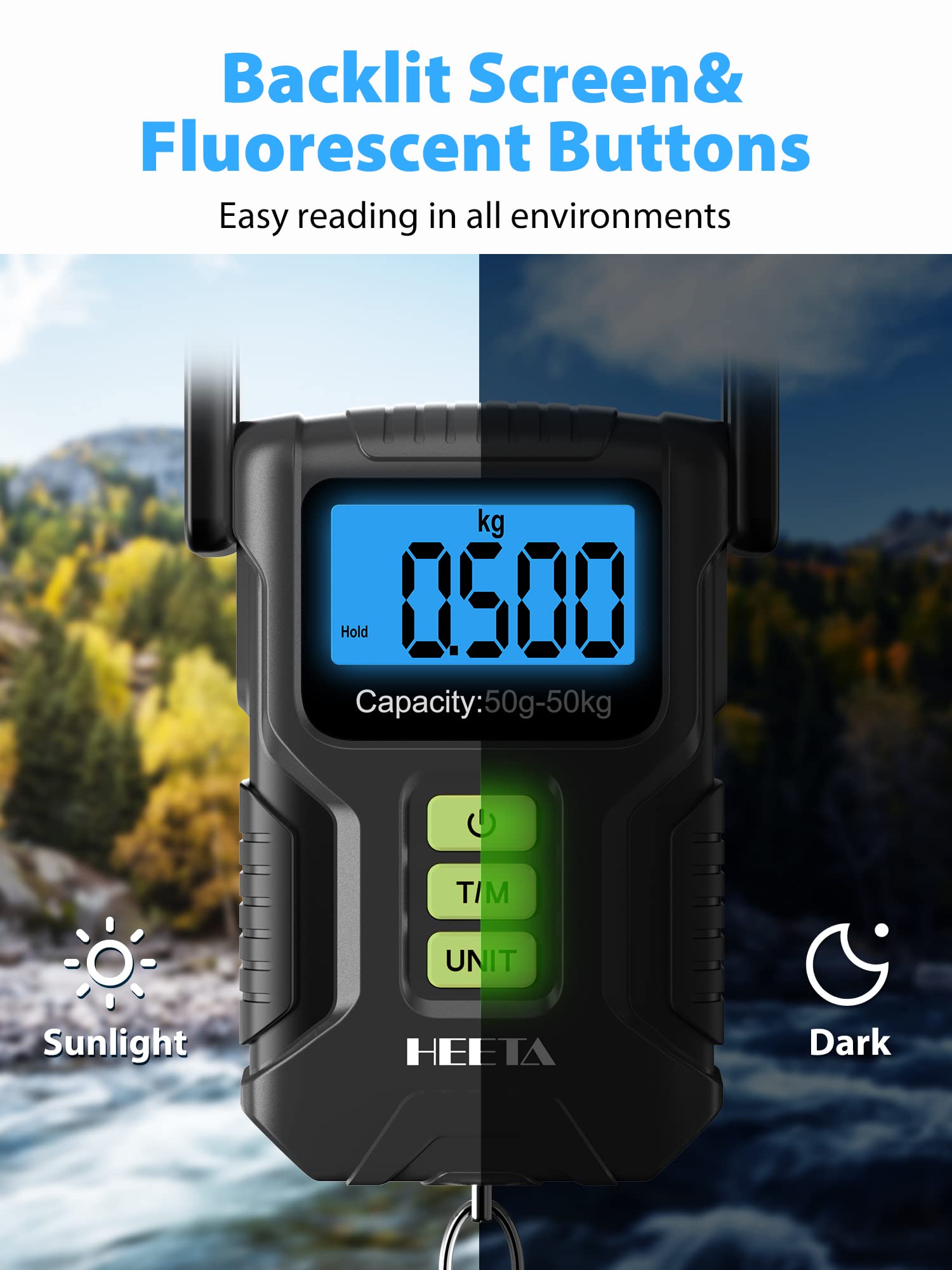 HEETA Waterproof Fishing Scale, Digital Fish Scale 110lb/50kg with Memory Function, Portable Hanging Luggage Scale with Fluorescent Button, 40β Ruler, Backlit LCD Display- Weight Scale, Black