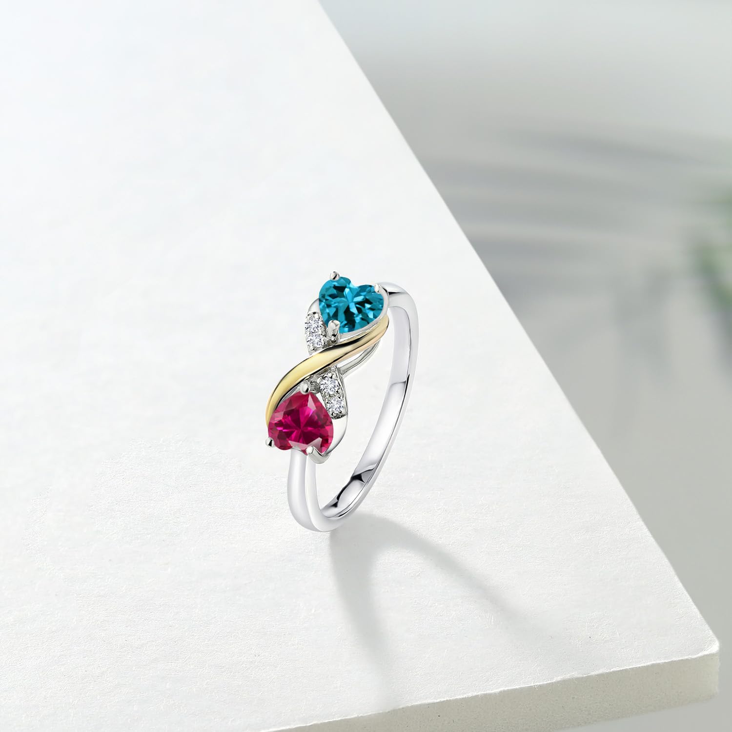 Gem Stone King 925 Sterling Silver and 10K Yellow Gold London Blue Topaz Red Created Ruby and White Lab Grown Diamond Women Ring (1.19 Cttw, Available In Size 5, 6, 7, 8, 9)