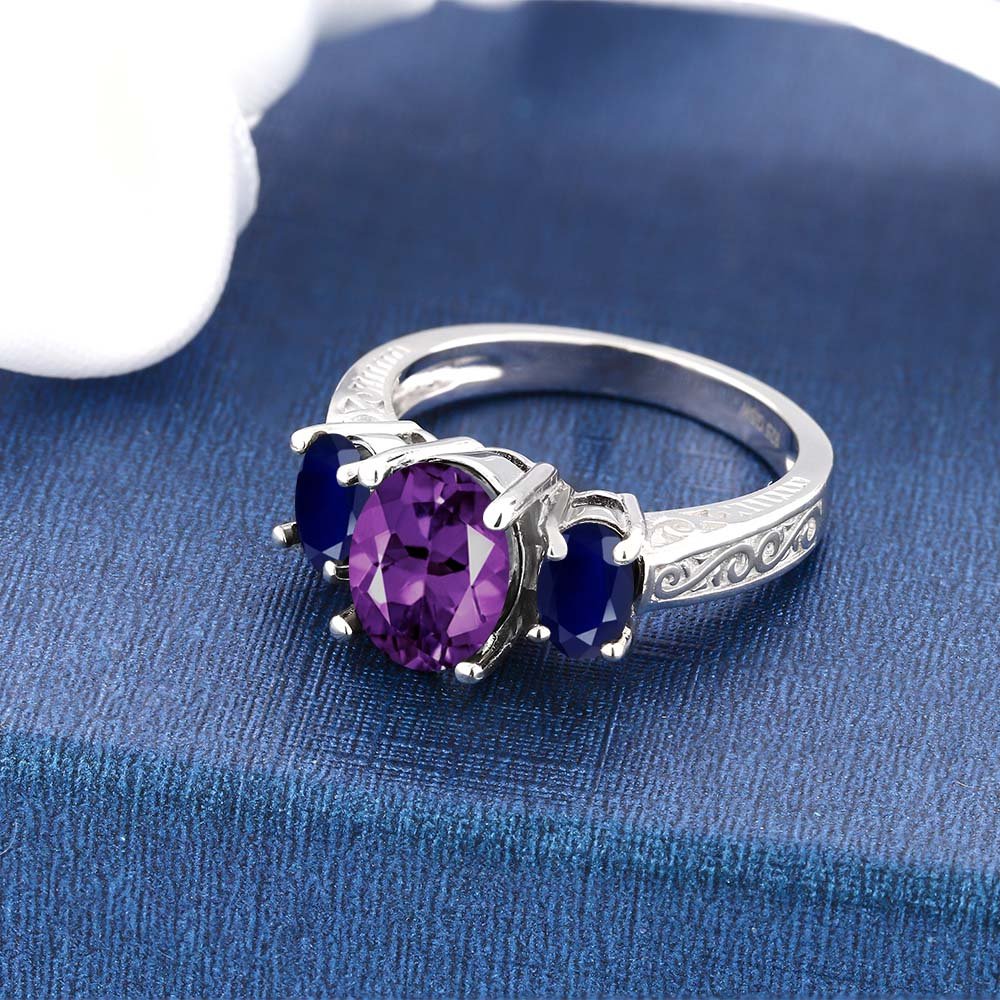 Gem Stone King 925 Sterling Silver Purple Amethyst and Blue Sapphire 3-Stone Ring For Women (2.76 Cttw, Gemstone Birthstone Available 5,6,7,8,9) (Size 7)