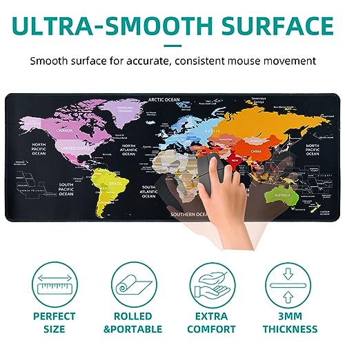 XGB World Map Extended Large Gaming Mouse Pad, 31.5x11.8 Inch Big XL Mousepad with Seamed Edges, Keyboard Pad, HD Printing, Non-Slip Rubber Base, Waterproof, Desk Mat Pad for Home, Office, Gaming