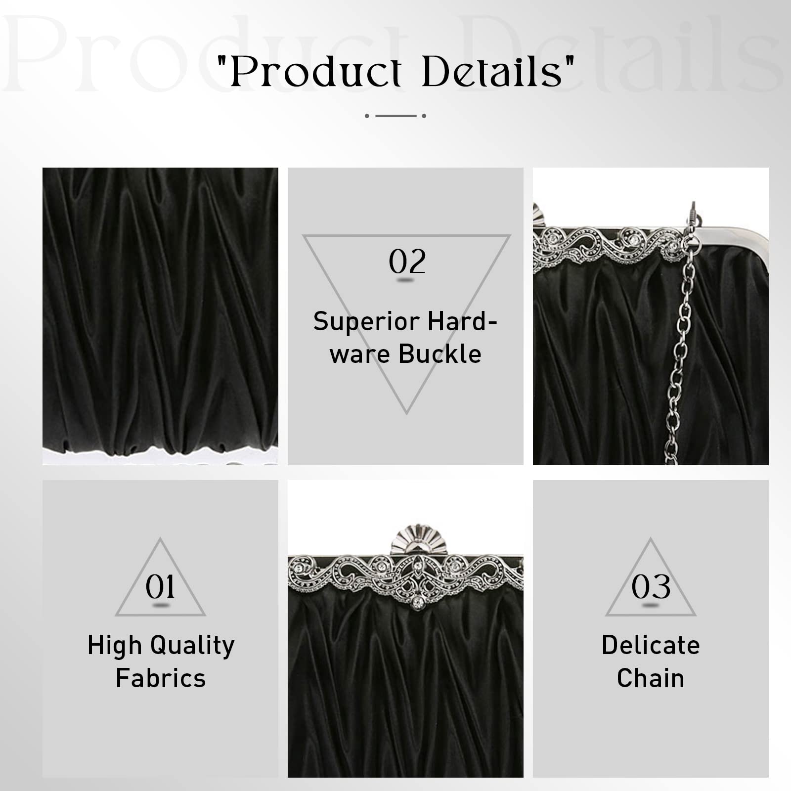 JAMBHALA Women Pleated Clutch Bag with Adjustable Chain Handbag Dumpling Pouch for Wedding, Bridal, Prom, Party (black)