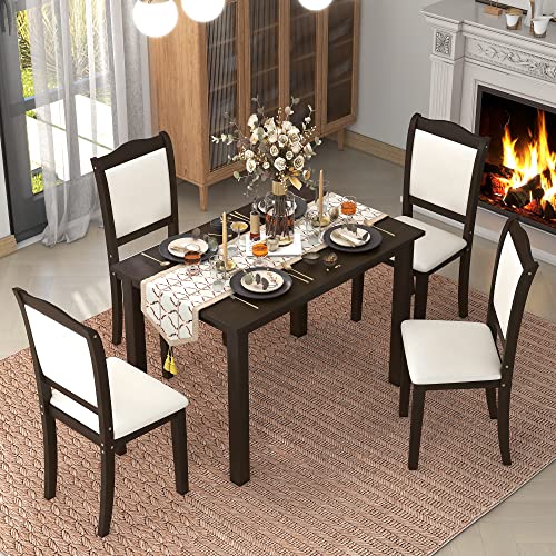 GLORHOME 5-Piece Mid-Century Wood Dining Table Set with 4 Upholstered Chairs for Family Kitchen Small Places, Espresso+White