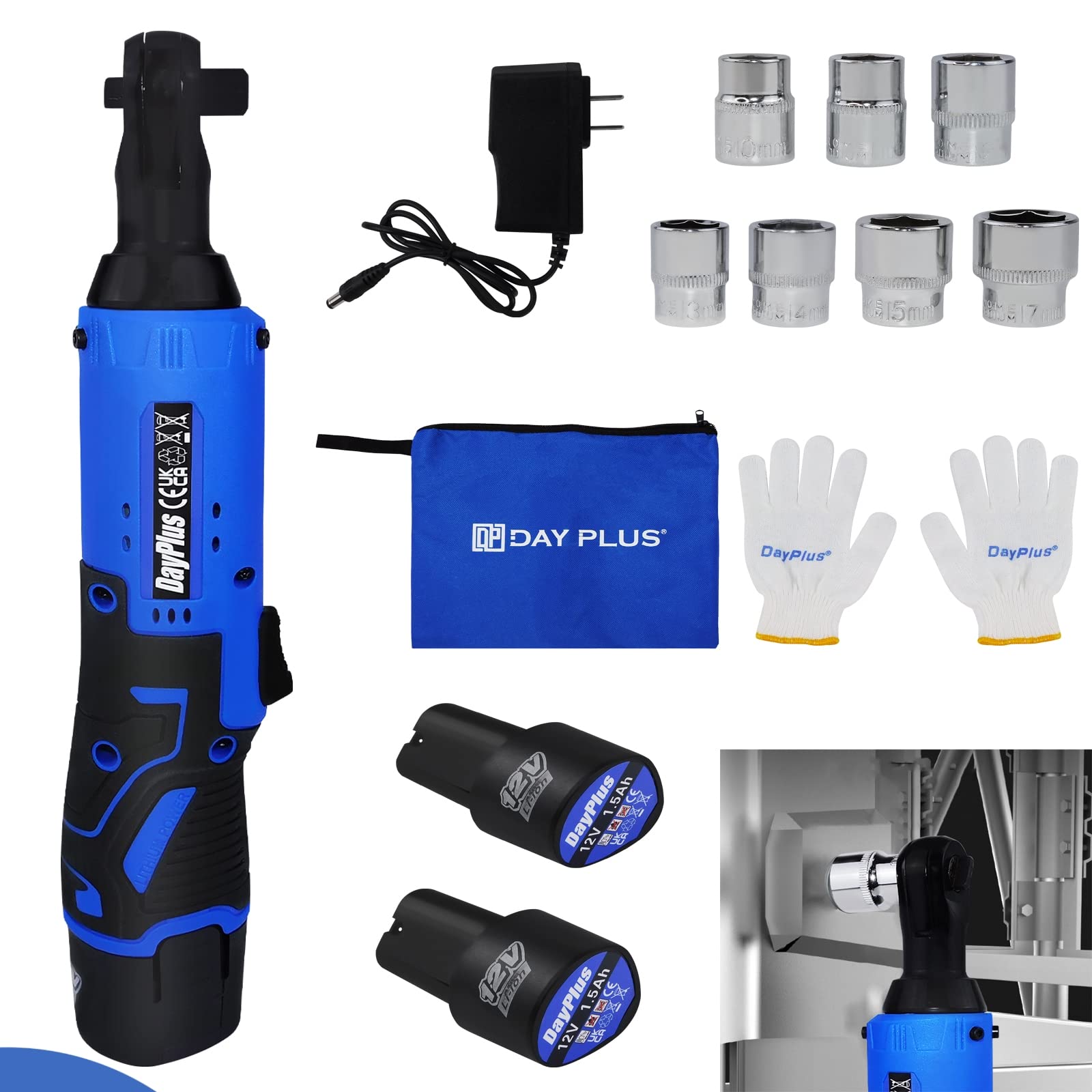 ZhanGe Cordless Ratchet Wrench 3/8 Inch Impact Wrench Electric Cordless Wrench 12V 40Nm 2X Battery+Charger