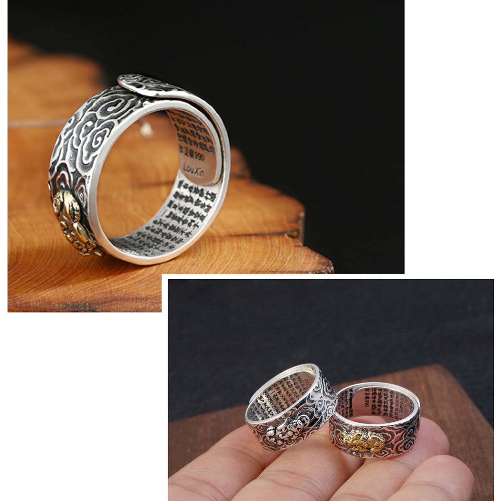 HJ HUAJ Feng Shui PiXiu Mantra Rings Protection Wealth Ring Adjustable Ring for Men Women