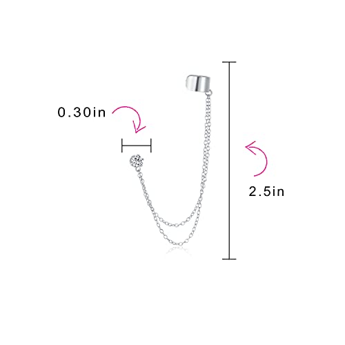 Geometric Cartilage Plain Band With Chain Ear Warp Cuff CZ Stud Ear Lobe Earring For Women Teens Men Yellow Gold .925 Sterling Silver