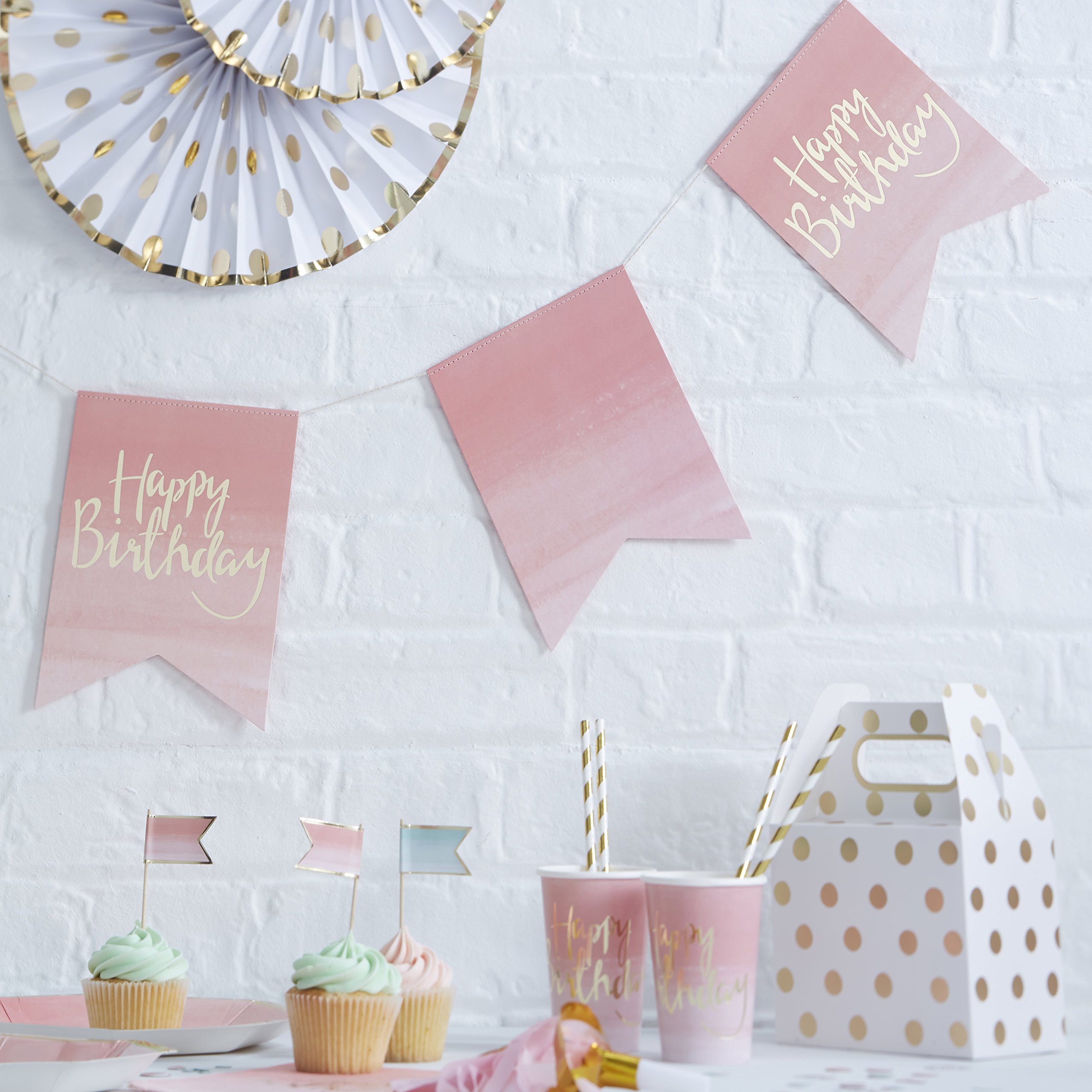 Ginger Ray Pink Ombre Happy Birthday Party Supplies Bundle | Paper Plates, Cups and Napkins