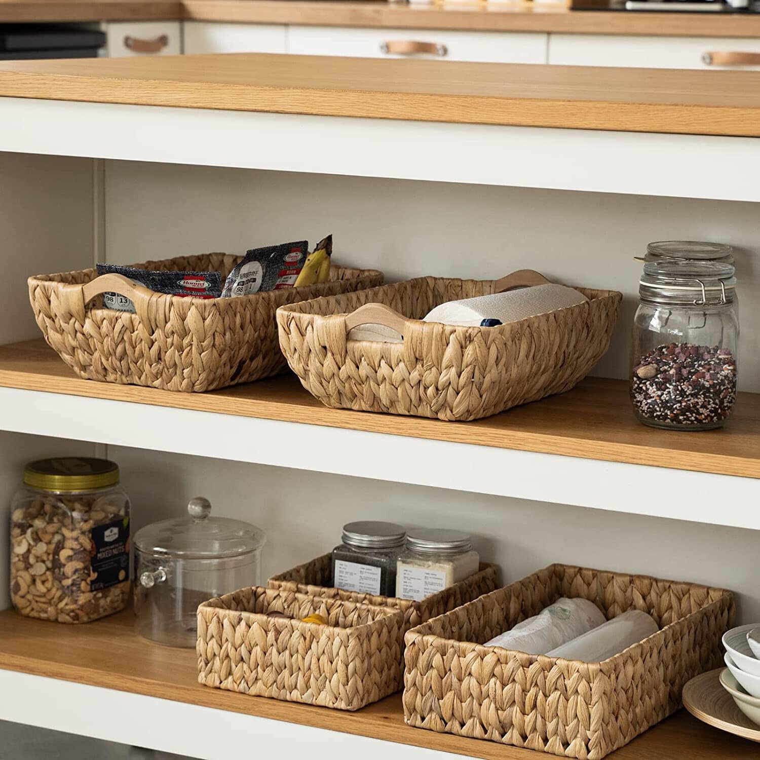Small Wicker Basket, Storage Basket with Built-in Handles, Handmade Water Hyacinth Wicker Baskets for Organizing, Woven Storage Baskets for Shelves, 6 Pack