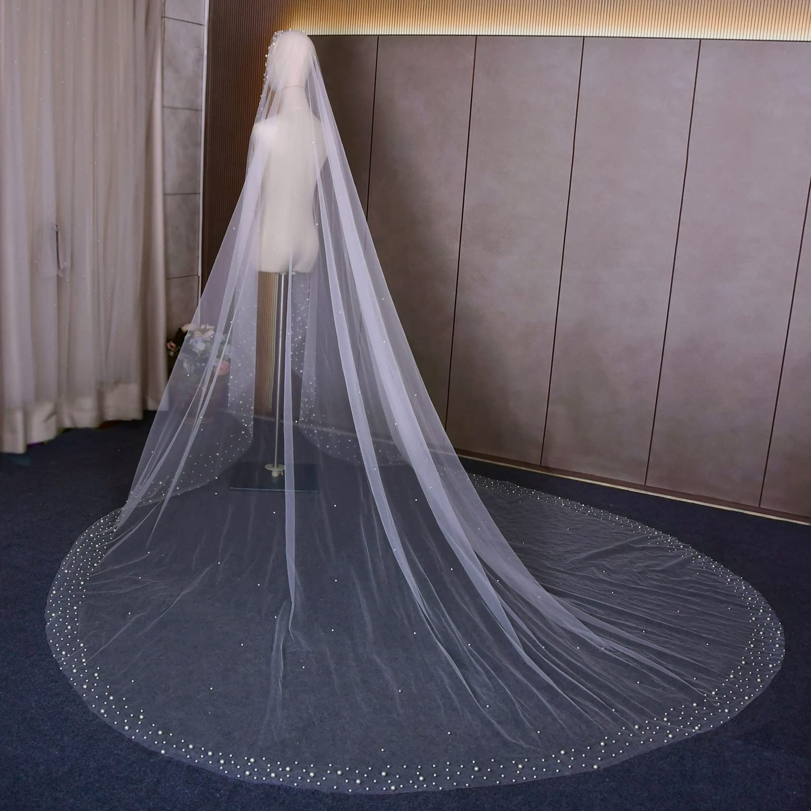 JHOO Women Pearl Edge Cathedral Length Wedding Bridal Veil with Comb 118'' (Off White)