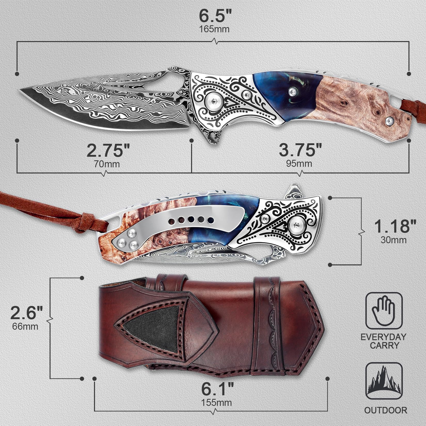 VNLA Damascus Folding Pocket Knife,Forged Damascus Steel Blade,New material handle made of resin and maple leaf.with leather case,Pocket Clip,Suitable for Hiking carry EDC