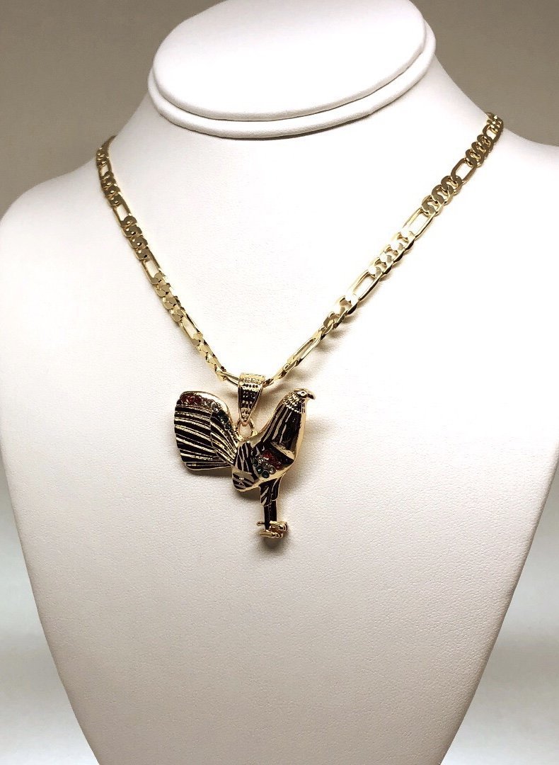 Gold Plated Chicken Rooster Pendant Necklace Figaro 26" 5mm Gallo Medalla Oro Laminado