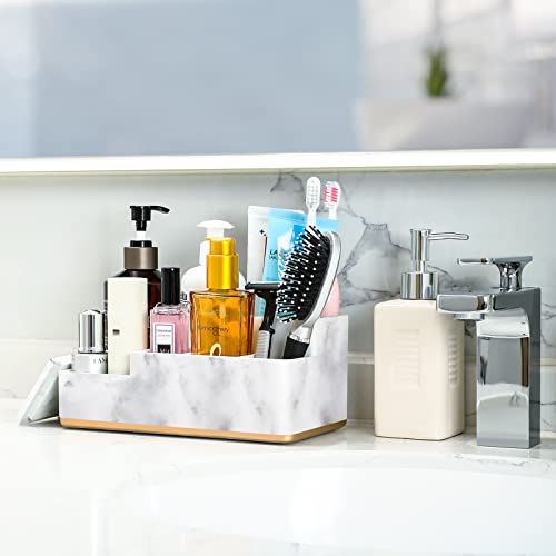 Toothbrush Holder, Aimou Bathroom Organizer Countertop, Bathroom Counter Storage Electric Toothbrush Toothpaste Razor Holder for Bathroom/Vanity, Cotton Ball, Cotton Swab, Floss, Marble White