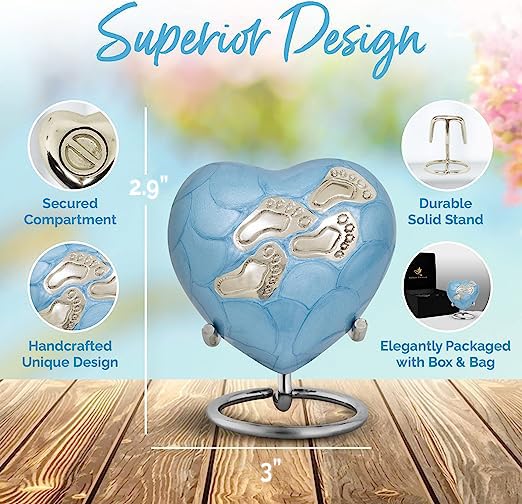 Small Heart Urn for Baby Ashes - Blue Heart Cremation Urn for Baby Boy - Small Urn with Box & Stand - Heart Shaped Memorial Urn for Ashes - Small Keepsake Urn Heart - Mini Urn for Infants & Children