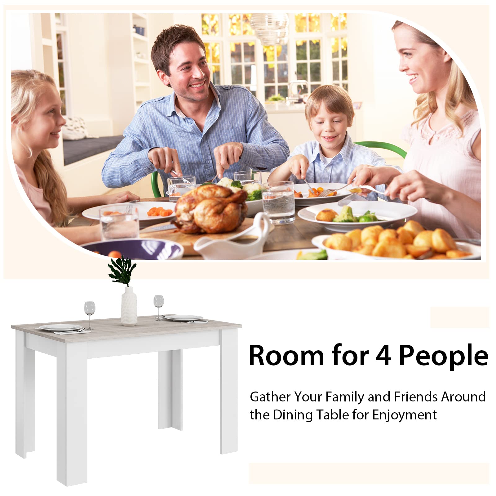 Giantex Wooden Dining Table, Modern Kitchen Table for 4, Rectangular Dinner Table for Kitchen, Dining Room, Living Room, Home Dinette Furniture, 47" L x 28" W x 30" H, (White & Light Gray)