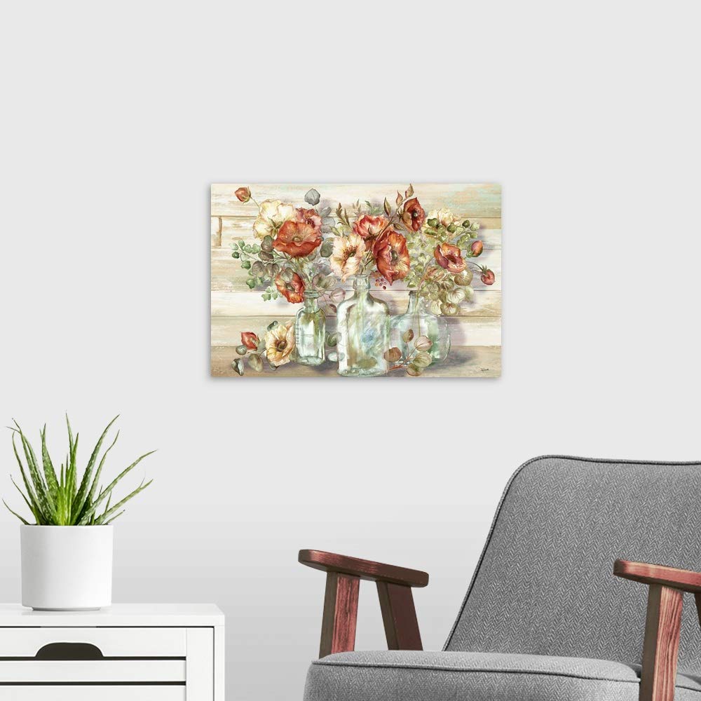 GREATBIGCANVAS Spice Poppies and Eucalyptus in Bottles Canvas Wall Art Print, Poppy Home Decor Artwork, 36"x24"x1.5"