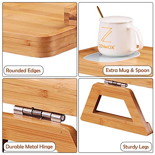 Zenmox Bamboo Clip On Couch Tray Built-in Mug Warmer with Mug Set - Table for Food, Drink Holder - Modern, Sleek Design - with 360° Rotating Phone Holder