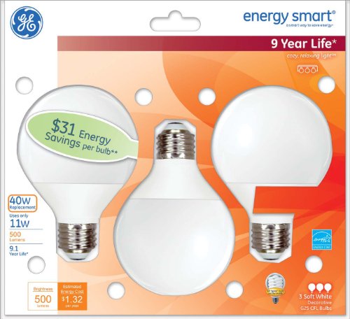 GE Lighting 85392 Energy Smart CFL 11-Watt (40-watt replacement) 500-Lumen G25 Light Bulb with Medium Base, 3-Pack