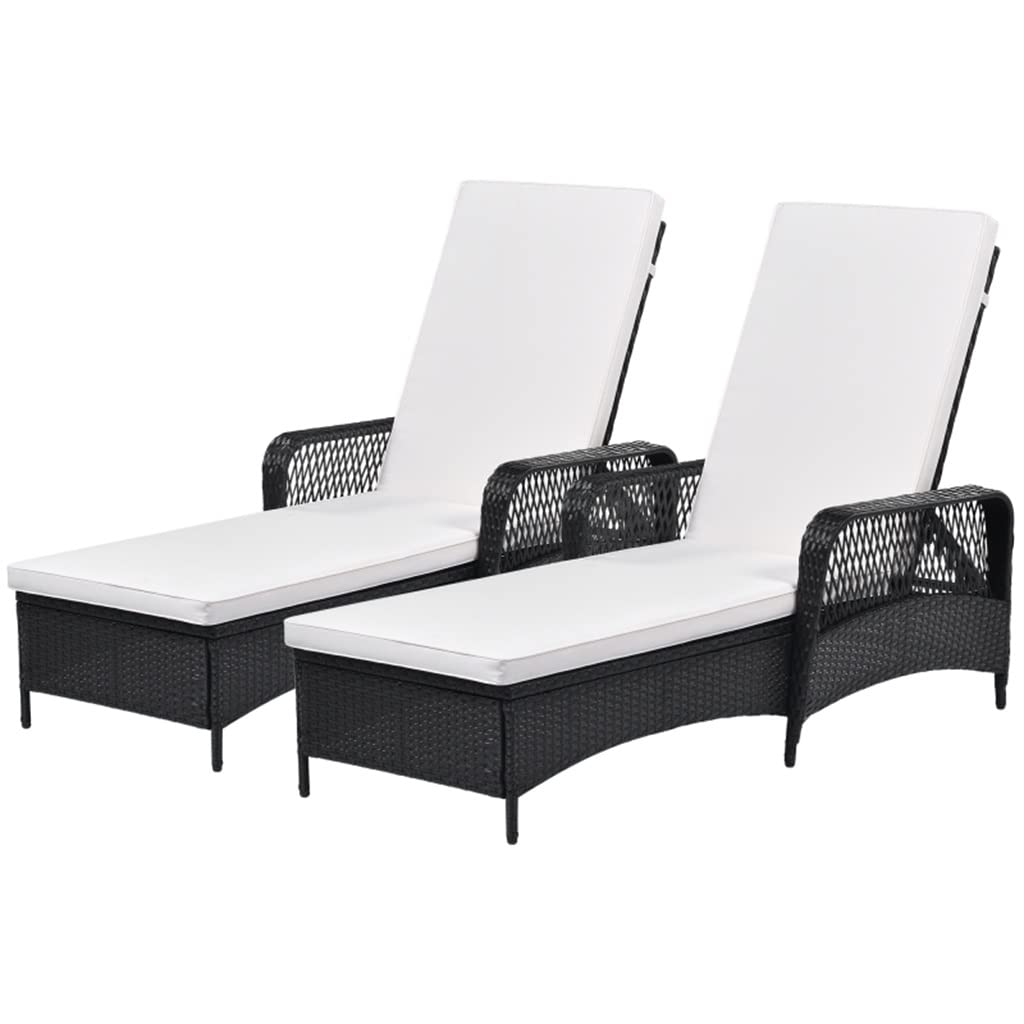 FZZDP Terrace Pool PE Rattan Wicker Chair Wicker Deck Chair, Adjustable Backrest Black Wiker (2 Sets)