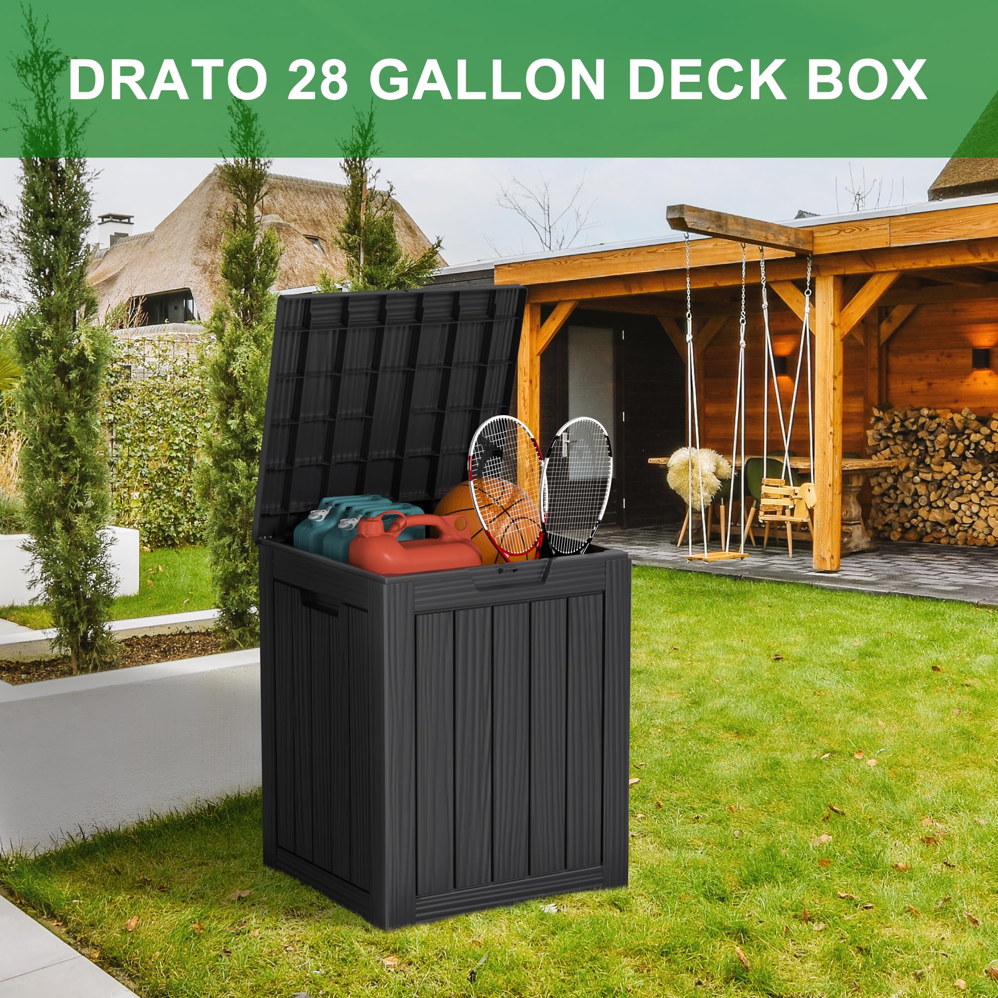 ROJIK Outdoor Storage Housing Deck Box - Waterproof Patio Furniture, Garden Tools, Cushions, Pool Accessories Storage Bench with Lockable Lid and Side Handles (Black, 80 Gal)
