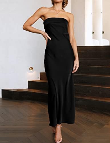 ZESICA Women's Sexy Satin Tube Top Cutout Slim Fit Silky Long Evening Prom Formal Long Dress,Black,Small