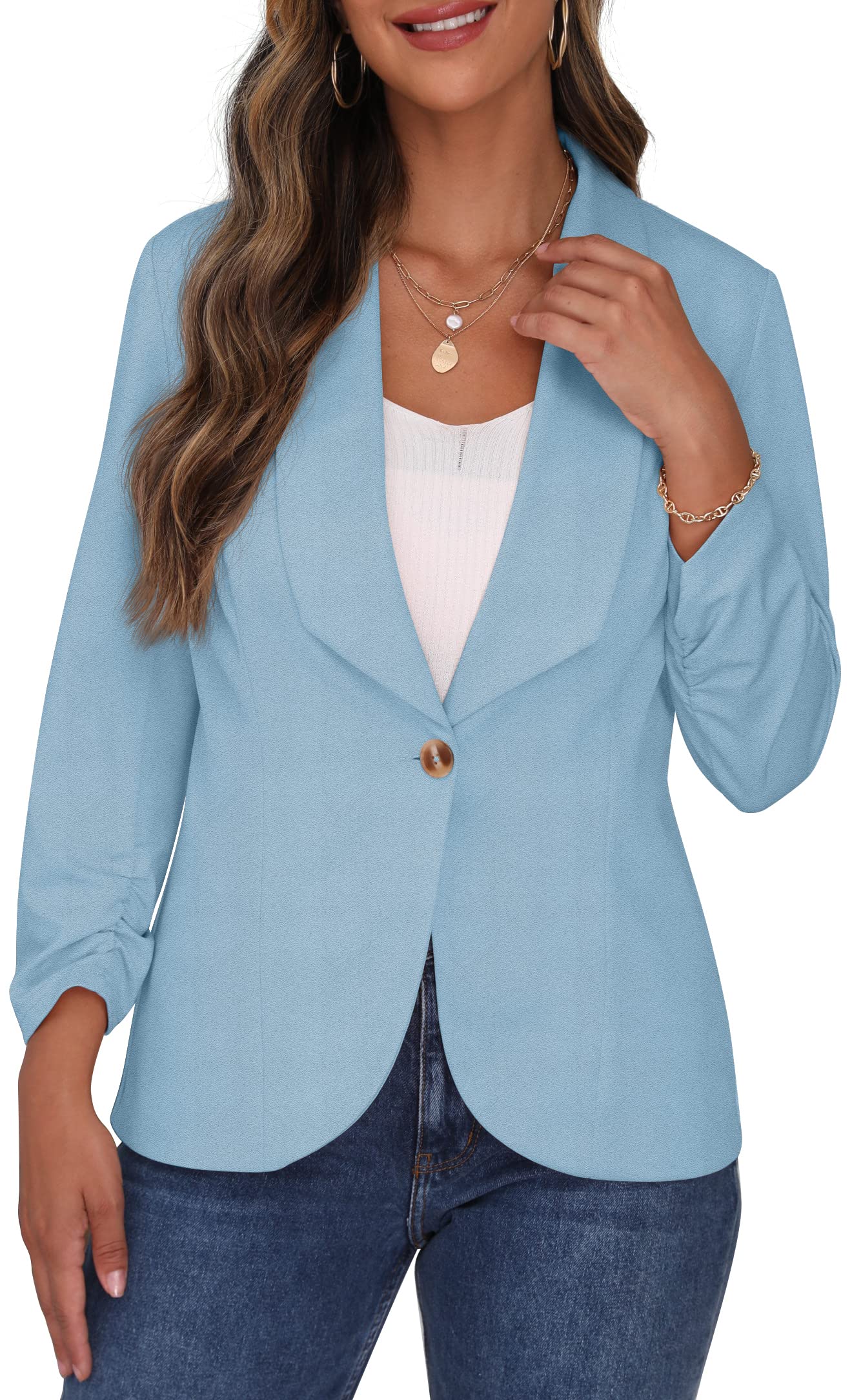 GRECERELLE Blazer Jacket for Women 3/4 Ruched Sleeve Business Casual Outfits Open Front Cropped Blazer Grey Blue-18