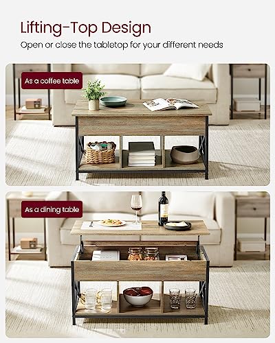 VASAGLE Lift Top Coffee Table for Living Room, Industrial Coffee Table with Hidden Compartments and Storage Shelf, Steel Frame, 19.7 x 39.4 x (19.3-24.4) Inches, Oak with Blue Grains ULCT202B60