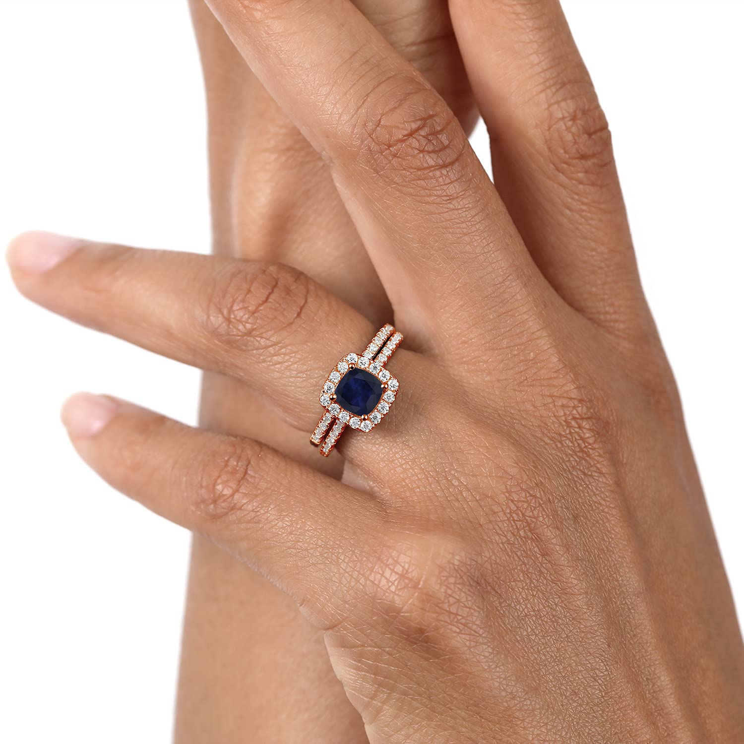 Gem Stone King 18K Rose Gold Plated Silver Cushion Blue Sapphire and Moissanite Women Wedding Engagement Ring Band Bridal Set (1.82 Cttw, Available in size 5, 6, 7, 8, 9)