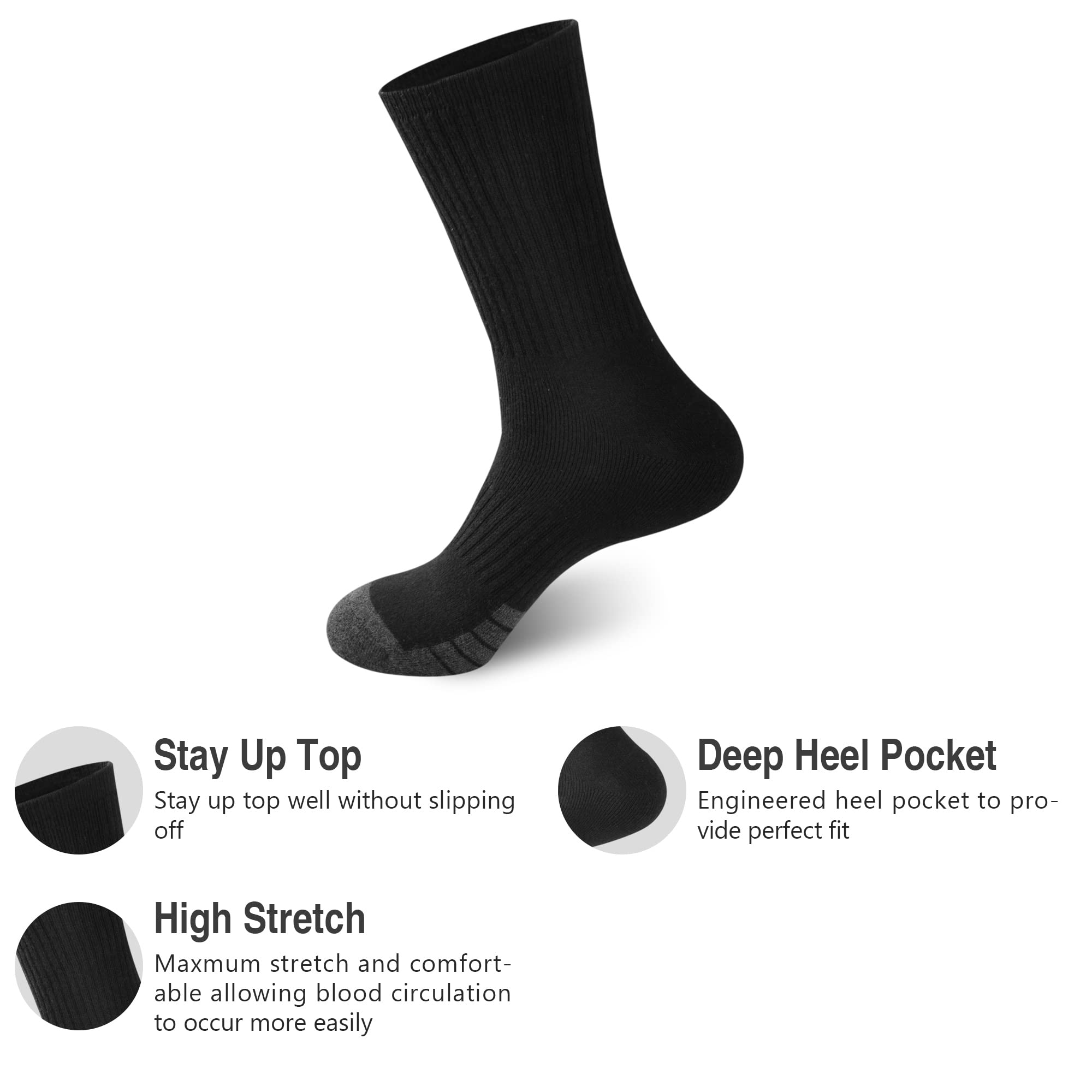 GKX Men's 10 Pairs Cotton Athletic Moisture Control Heavy Duty Work Boot Cushion Crew Socks(Black 10P)