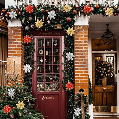 Veryhome 24pcs Poinsettia Christmas Decorations, 5.5 Inch Artificial Poinsettia Flowers Heads, Red Glitter Ornaments for Christmas Tree Decorations (Red)