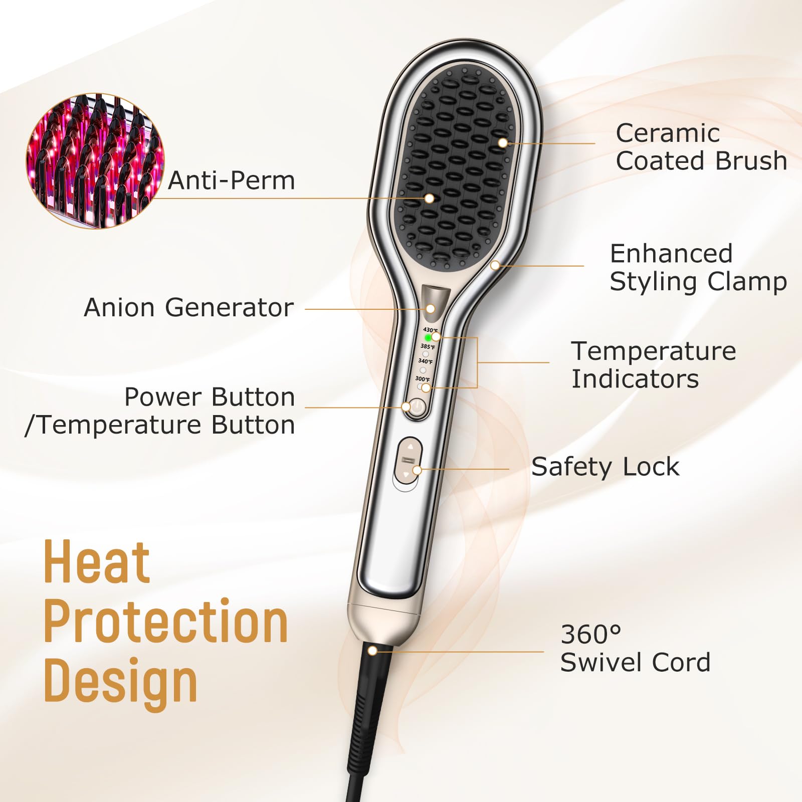 Hair Straightener Brush Ceramic | Negative Ionic Ring Straightening Comb | Natural Hairstyles Heat Brush Dual Voltage Fast Heat-Up with Dense Bristles, 4 Temps, Anti-Scald & Auto-Off