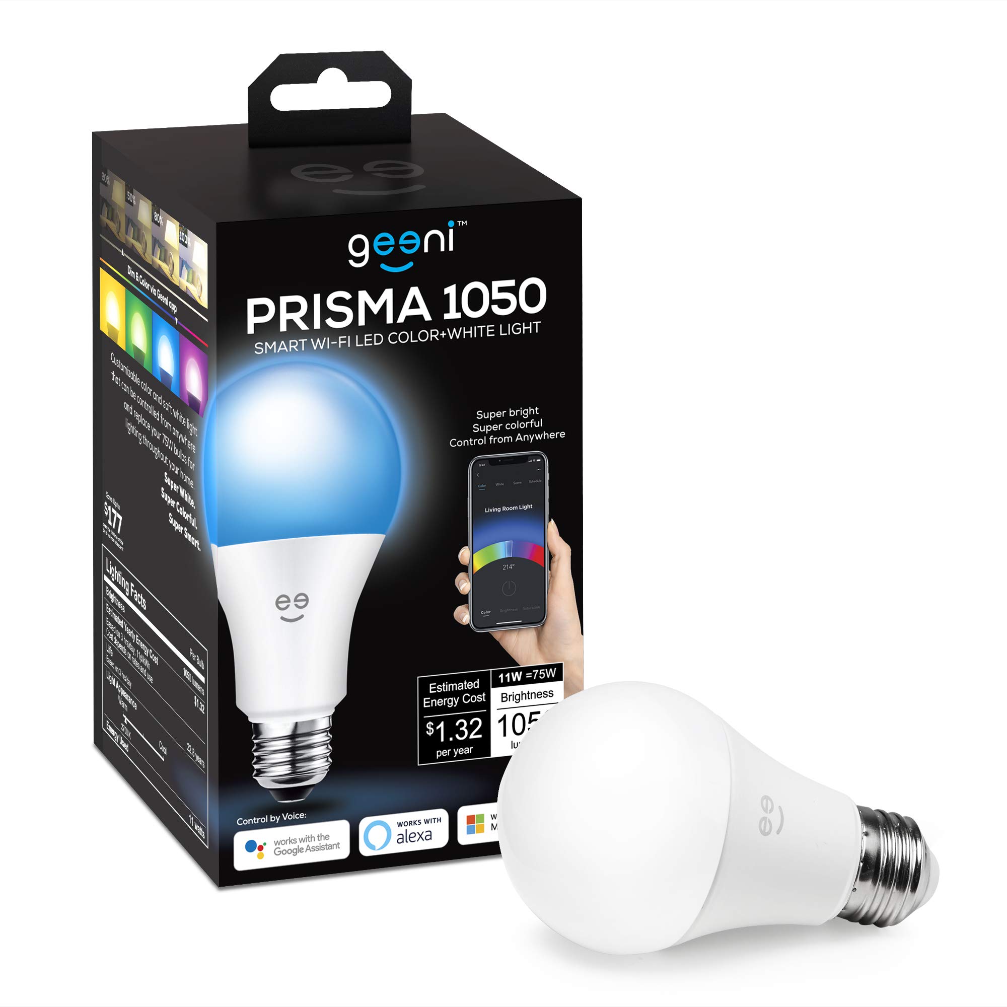 Geeni PRISMA 1050 Wi-Fi LED Light Bulb, Multicolor (2700K) โ Dimmable LED Bulbs, A21, 75-Watt Equivalent โ No Hub Required โ Works with Amazon Alexa, Google Assistant