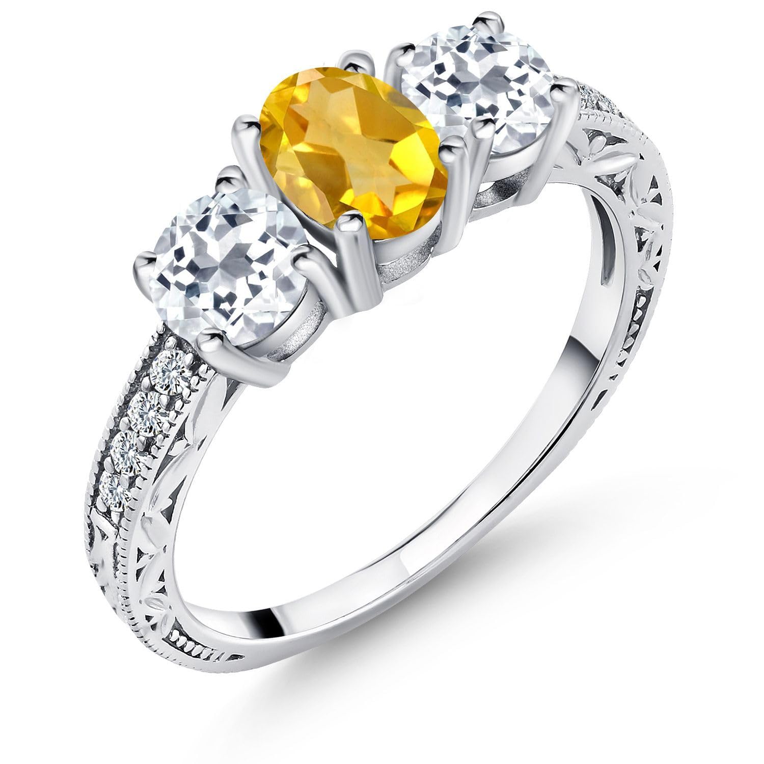 Gem Stone King 925 Sterling Silver Yellow Citrine and White Topaz 3 Stone Ring For Women (1.72 Cttw, Gemstone Birthstone, Available In Size 5, 6, 7, 8, 9)